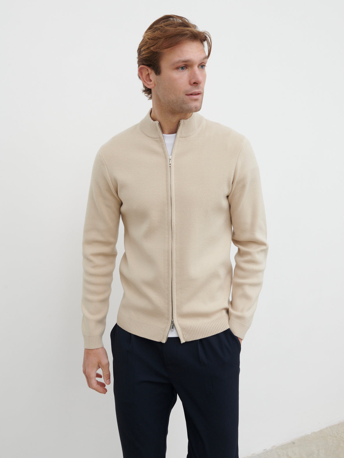 Cayden Funnel Neck Zip Knit Jacket - Stone – Nobl